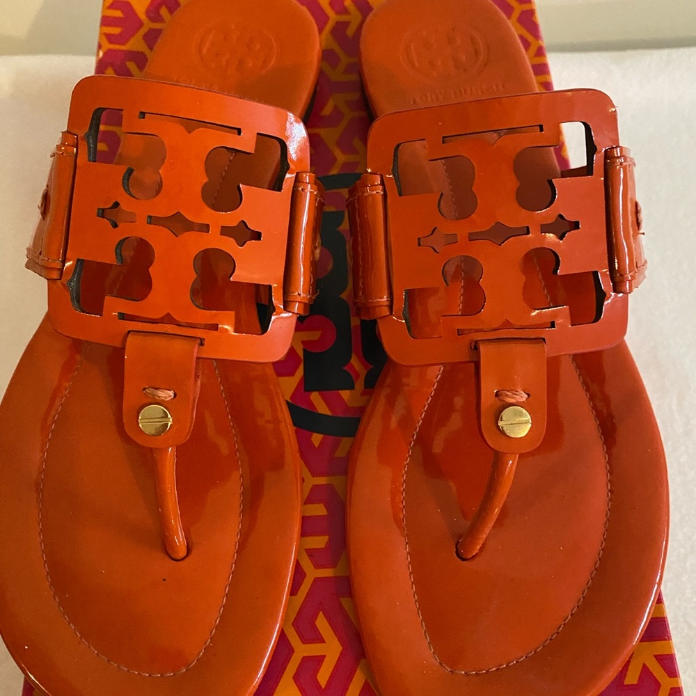 Tory Burch Orange Square Muller Patent Leather Sandals - Gem